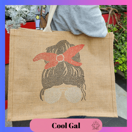 Handmade Cool Gal Rhinestone Jute Shopping Bag | BYOB